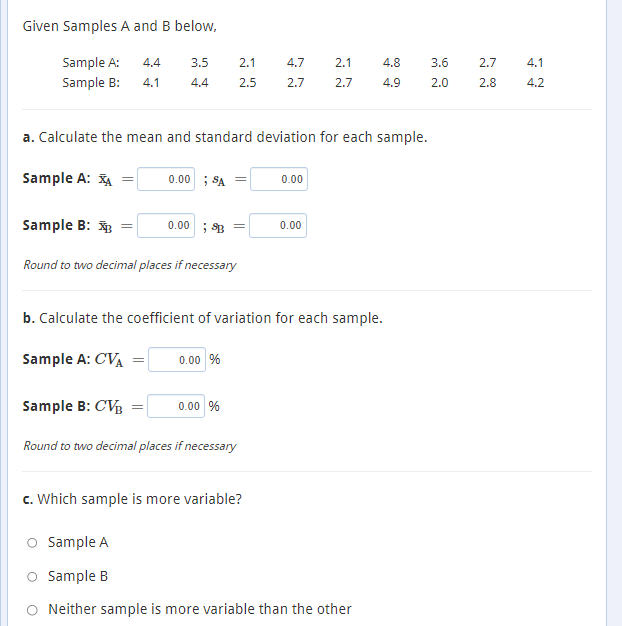 Solved Given Samples A and B below,a. ﻿Calculate the mean | Chegg.com