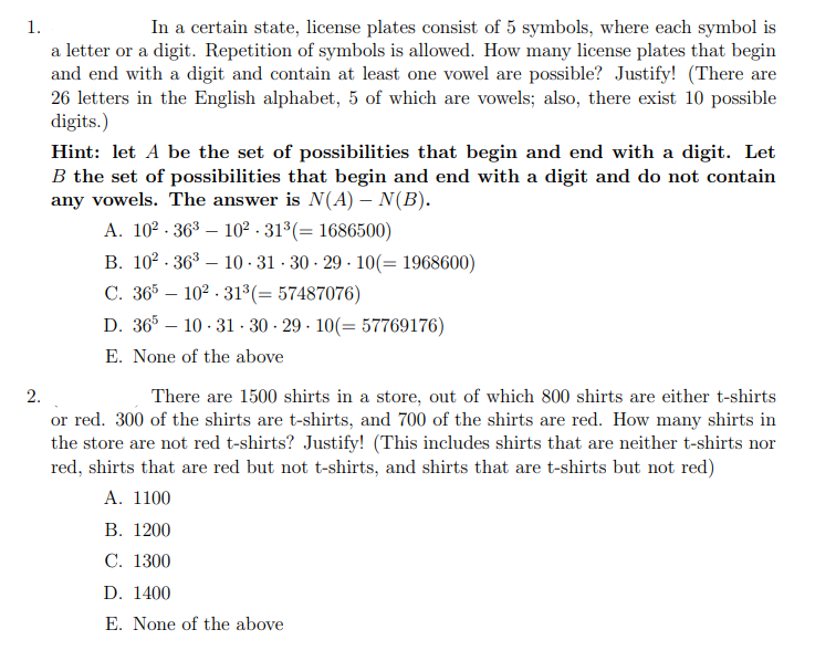 Solved 1. In a certain state, license plates consist of 5 | Chegg.com