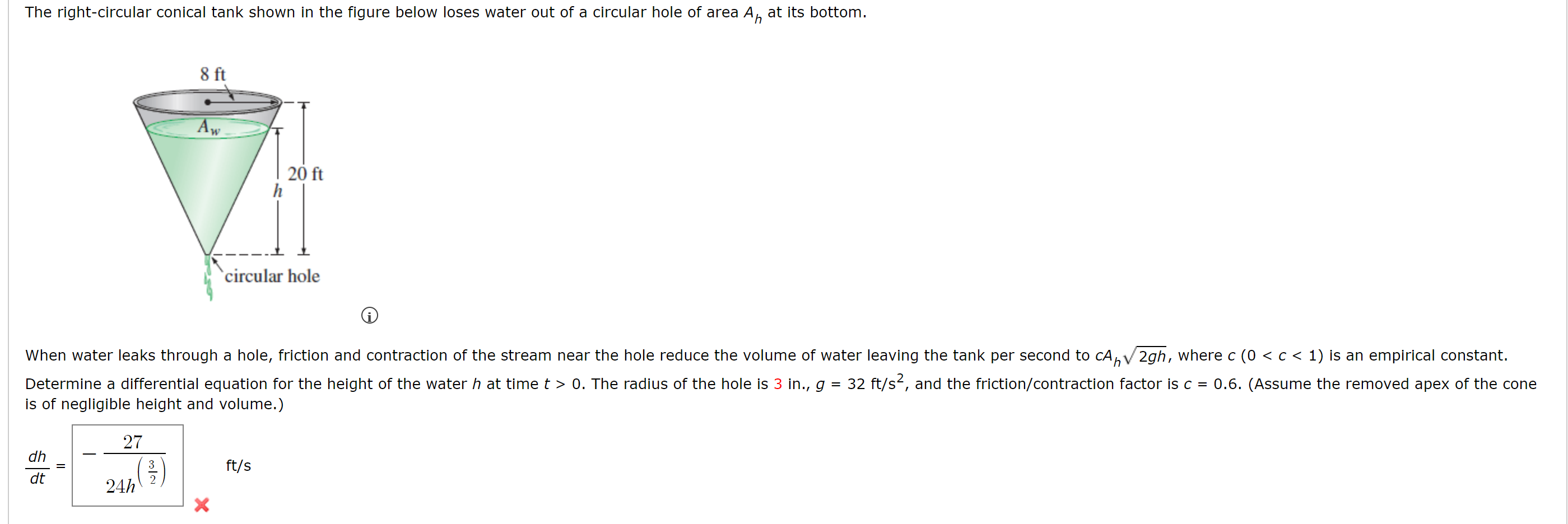 Solved The right-circular conical tank shown in the figure | Chegg.com