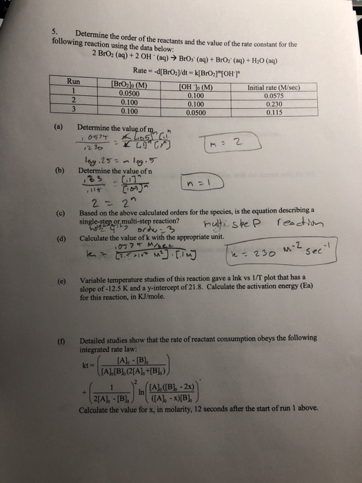 Solved Determine the order of the reactants and the value of | Chegg.com