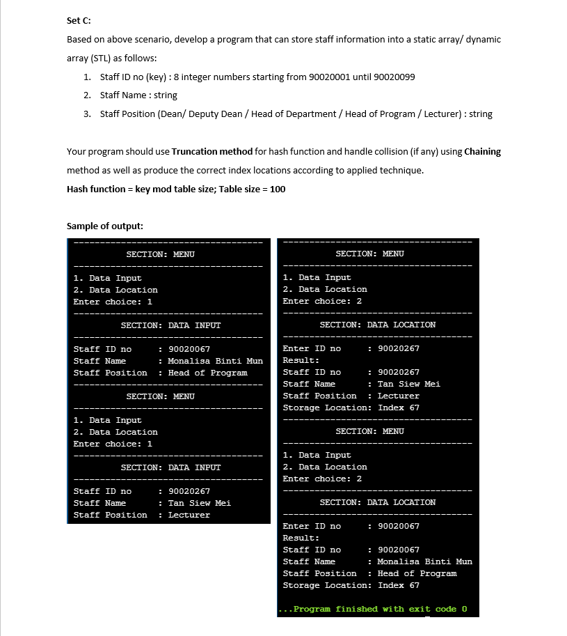 C++ Language Hashing is an important Data | Chegg.com
