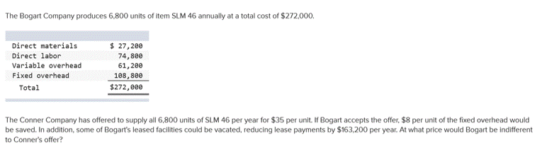 Solved The Bogart Company produces 6,800 units of item SLM | Chegg.com