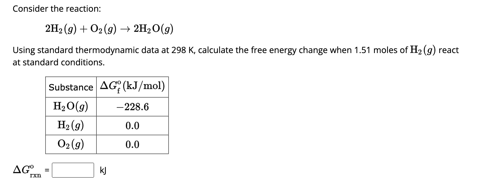 Solved Consider the reaction:2H2(g)+O2(g)→2H2O(g)Using | Chegg.com