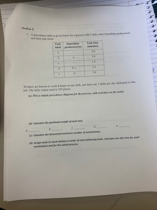 Solved Section 2: preced and their task times: ence table is | Chegg.com