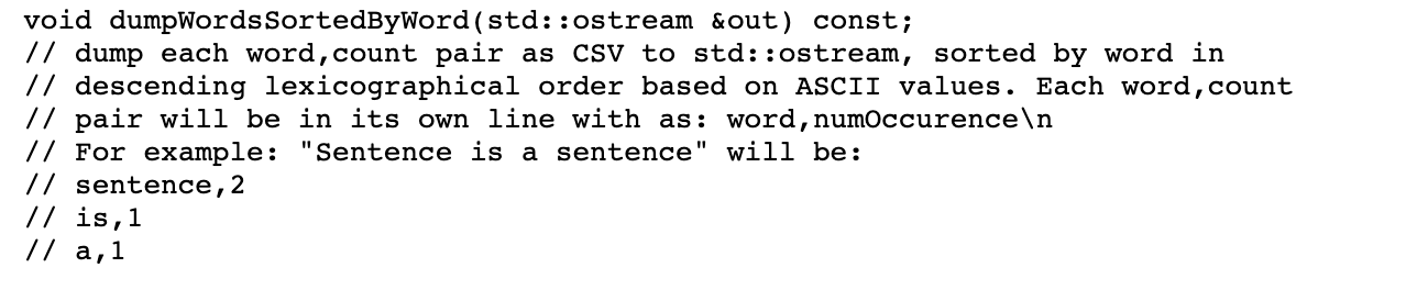 Solved void dumpWords SortedByWord (std::ostream &out) | Chegg.com
