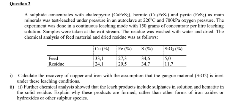 Solved Question 2 A sulphide concentrates with chalcopyrite | Chegg.com