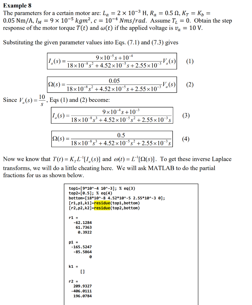 Solved Example 8 The parameters for a certain motor are: La | Chegg.com
