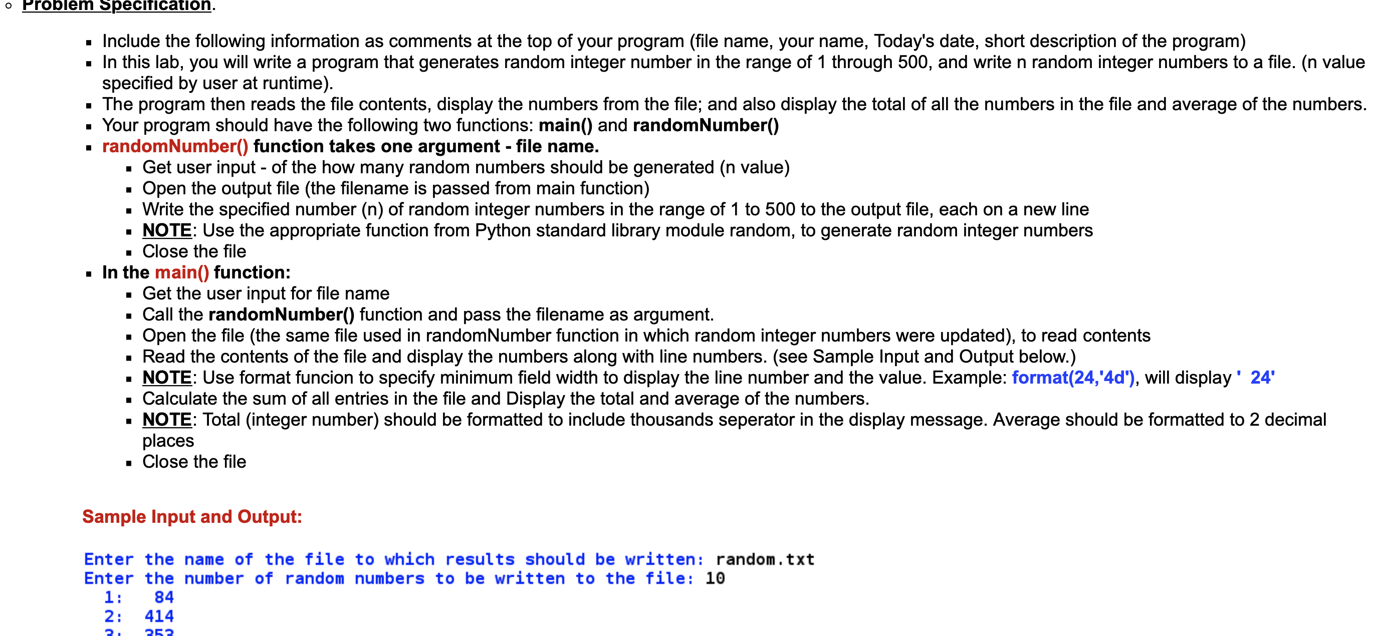 Solved O Problem Specification Include The Following