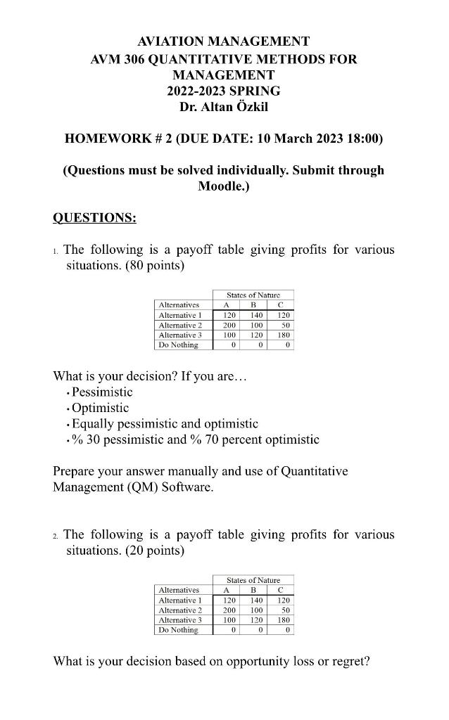 Solved AVIATION MANAGEMENT AVM 306 QUANTITATIVE METHODS FOR | Chegg.com