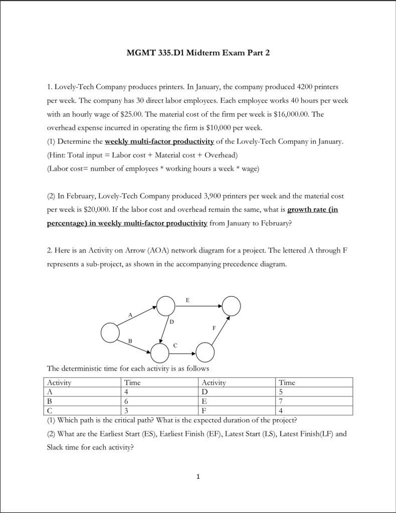 Solved MGMT 335.D1 Midterm Exam Part 2 1. Lovely-Tech | Chegg.com