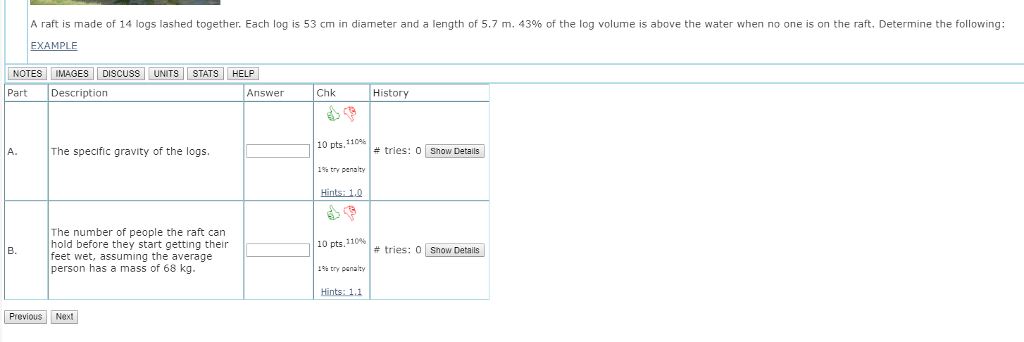 Solved A raft is made of 14 logs lashed together. Each log | Chegg.com