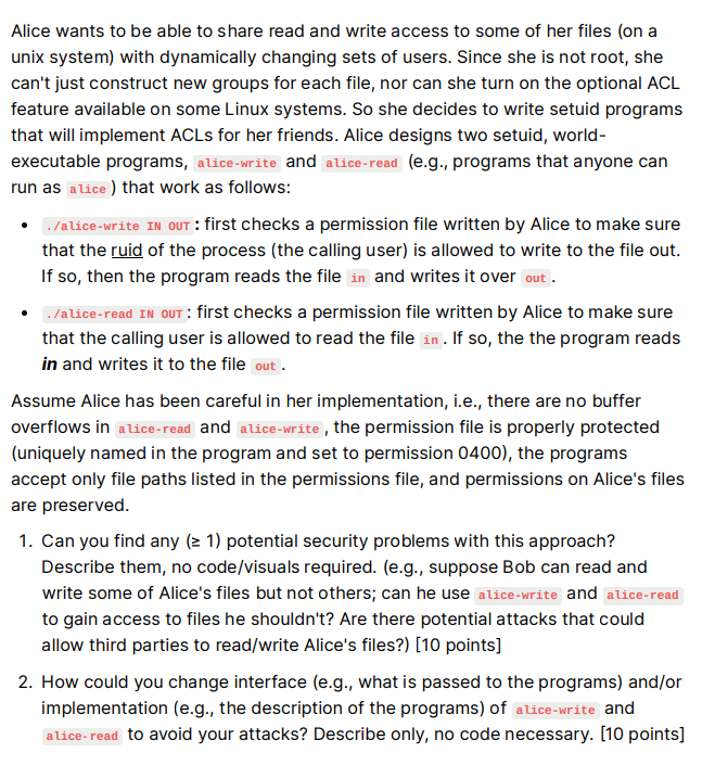 Alice wants to be able to share read and write access | Chegg.com