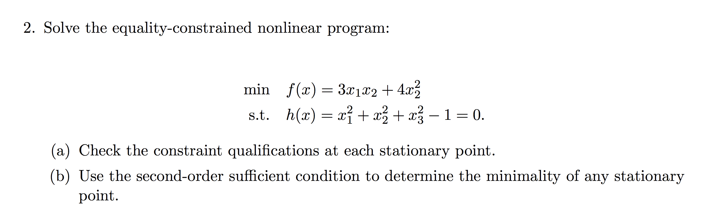 Solved 2 Solve The Equality Constrained Nonlinear Program 