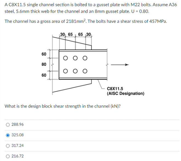 Solved A C 8×11.5 single channel section is bolted to a | Chegg.com