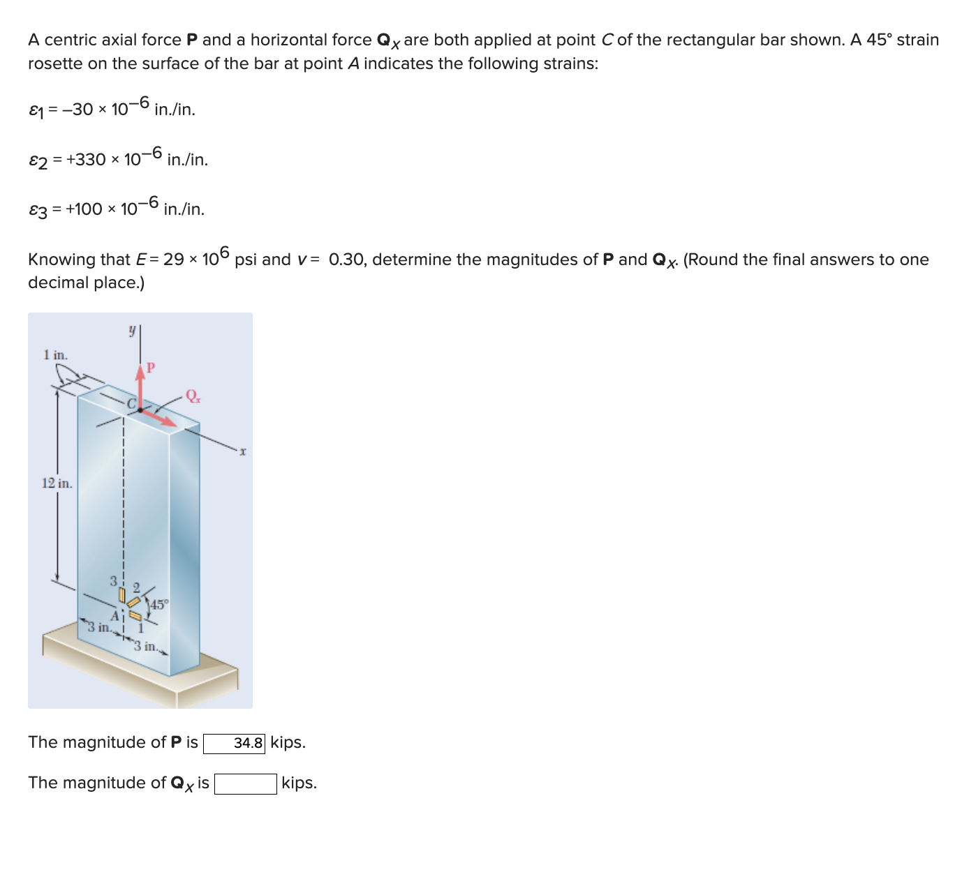 Solved A centric axial force P ﻿and a horizontal force Qx | Chegg.com
