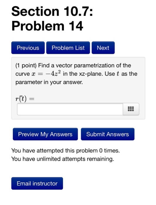 Solved Find a vector parametrization of the curve x = -4z^2 | Chegg.com
