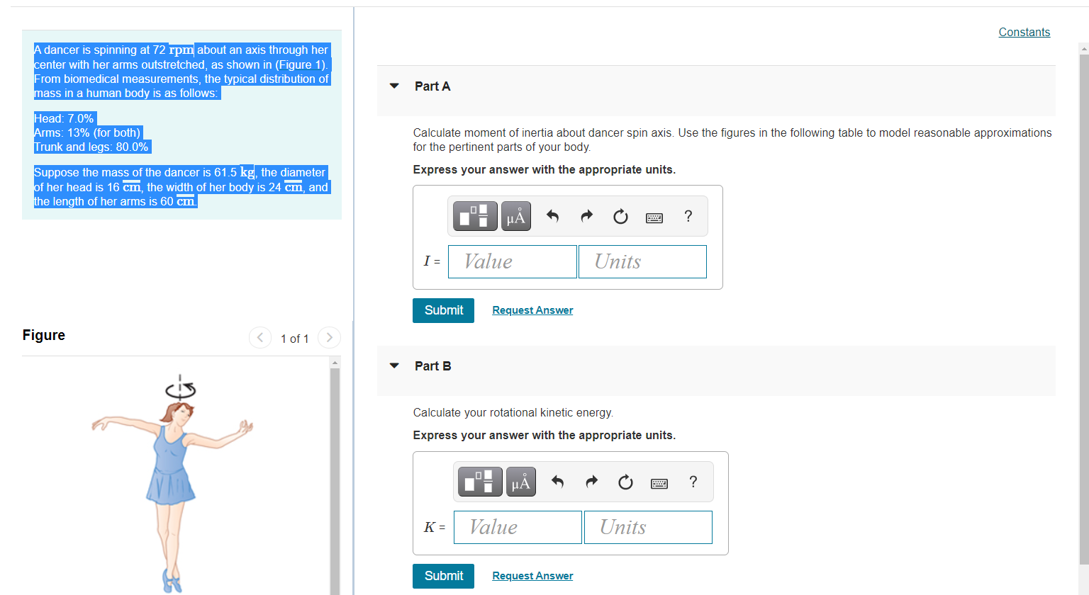 Solved A dancer is spinning at 72 rpmrpm about an | Chegg.com