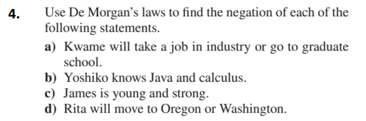 Solved Use De Morgan's laws to find the negation of each of | Chegg.com