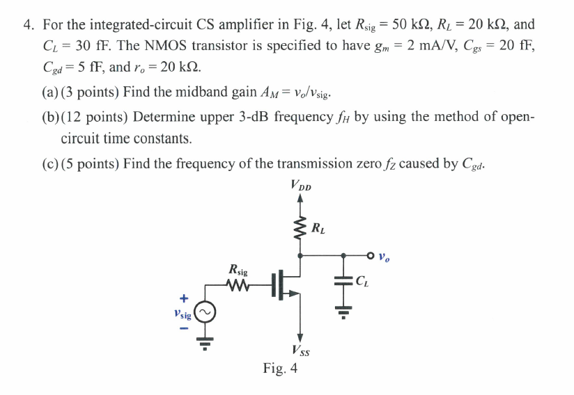 Solved For the integrated-circuit CS amplifier in Fig. 4, | Chegg.com