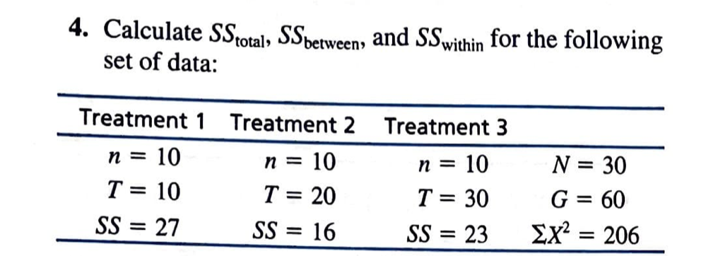 Solved 4. Calculate SStotal ,SSbetween , and SSwithin for | Chegg.com