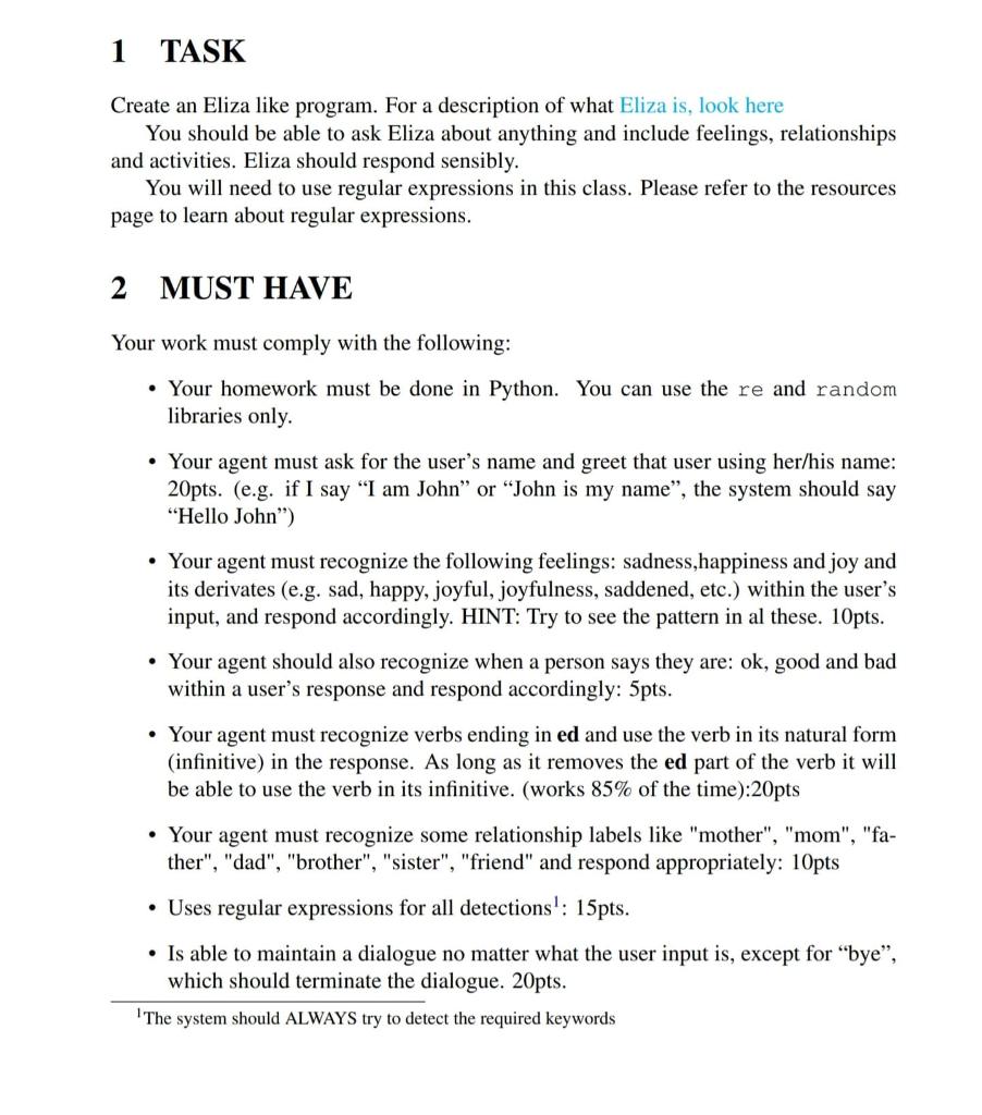 Solved 1 TASK Create an Eliza like program. For a | Chegg.com