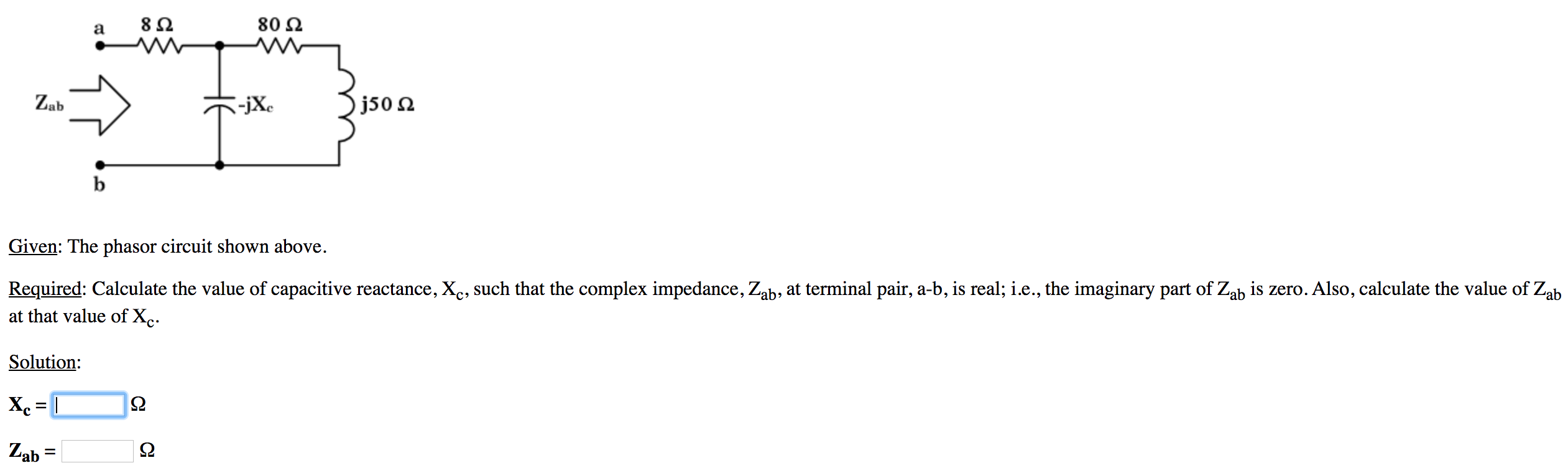 Solved 802 80 12 Zub ) 0 Given: The phasor circuit shown | Chegg.com