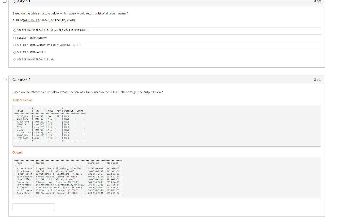Solved Based on the table structure below, which query would | Chegg.com