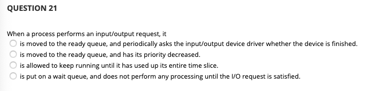 Solved QUESTION 21 When a process performs an input/output | Chegg.com