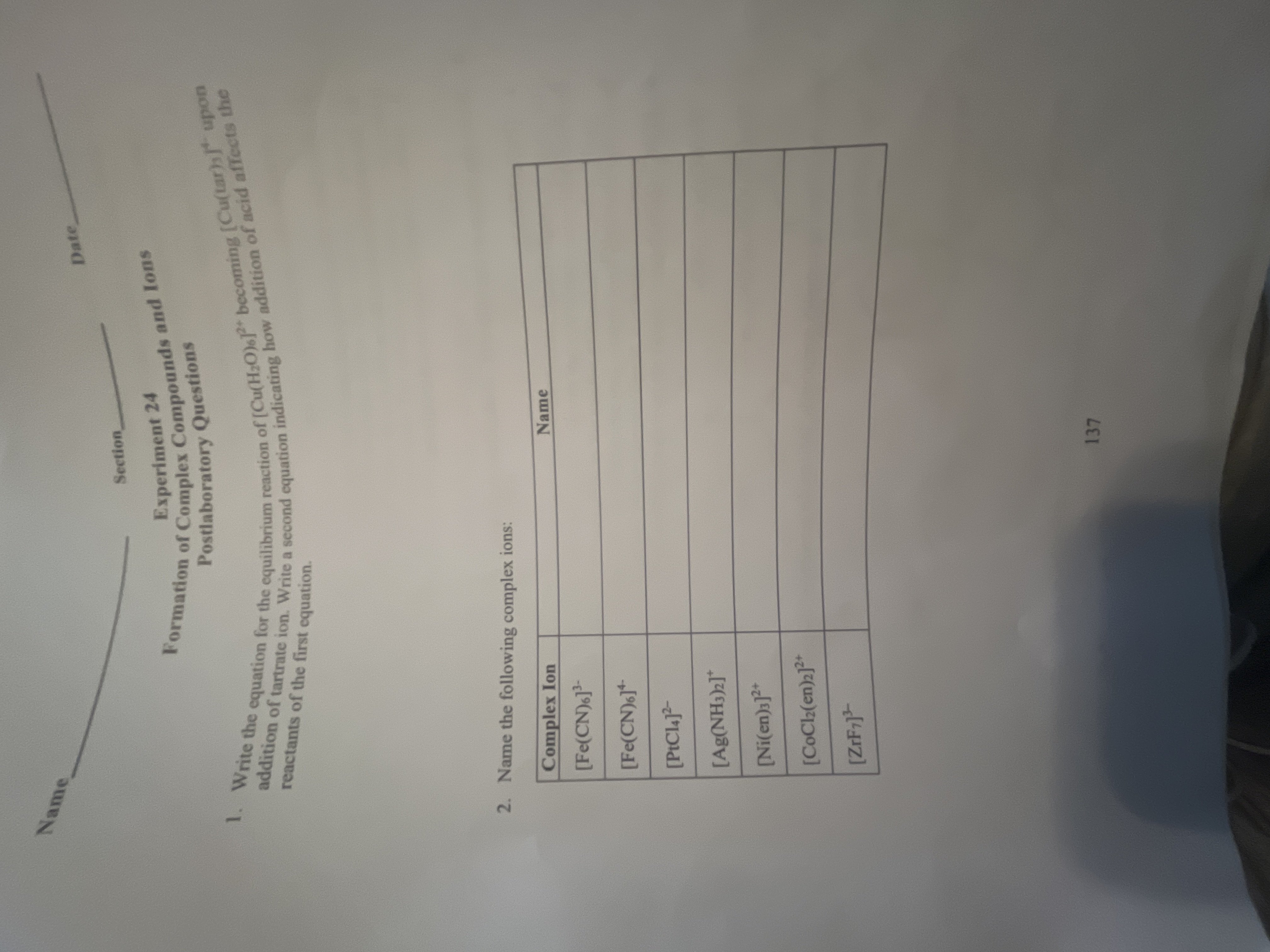 Experiment 24 Postlaboratory Questions addition | Chegg.com