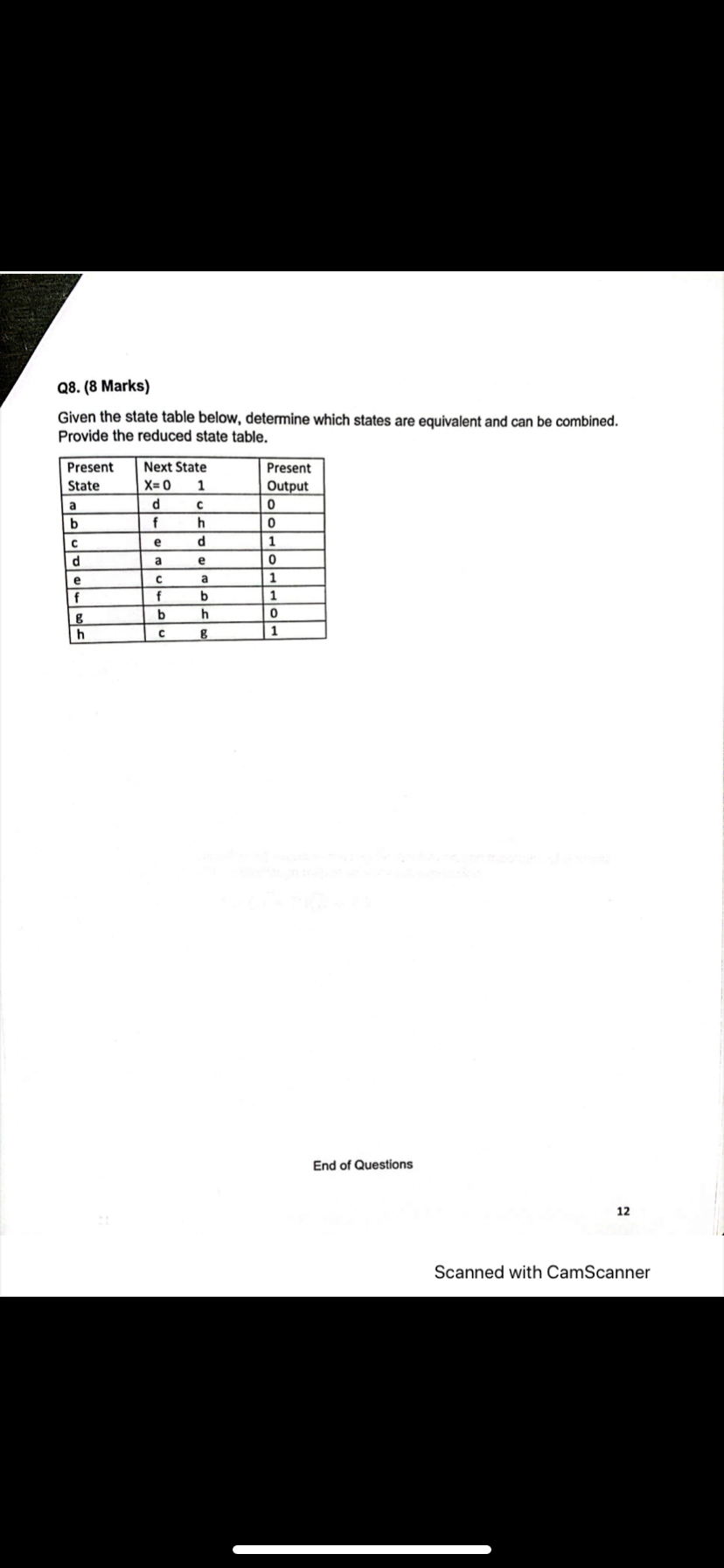 Solved Q8. (8 Marks) Given the state table below, determine | Chegg.com