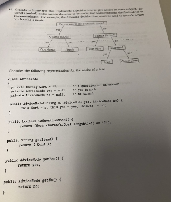 Solved 16. Consider a binary tree that implements a decision | Chegg.com