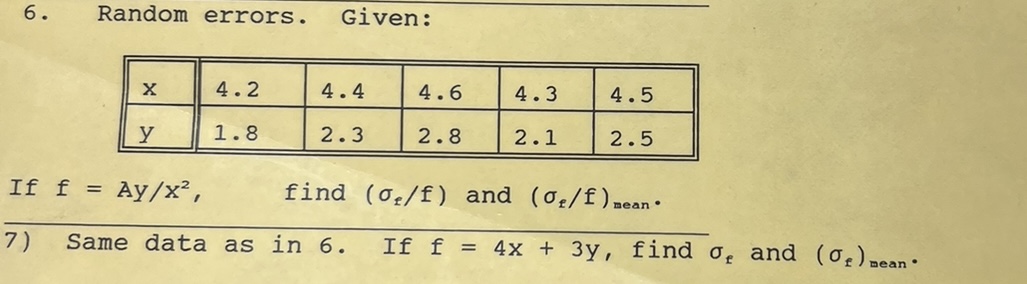 Solved 6. Random errors. Given: If f=Ay/x2, find (σq/f) and | Chegg.com