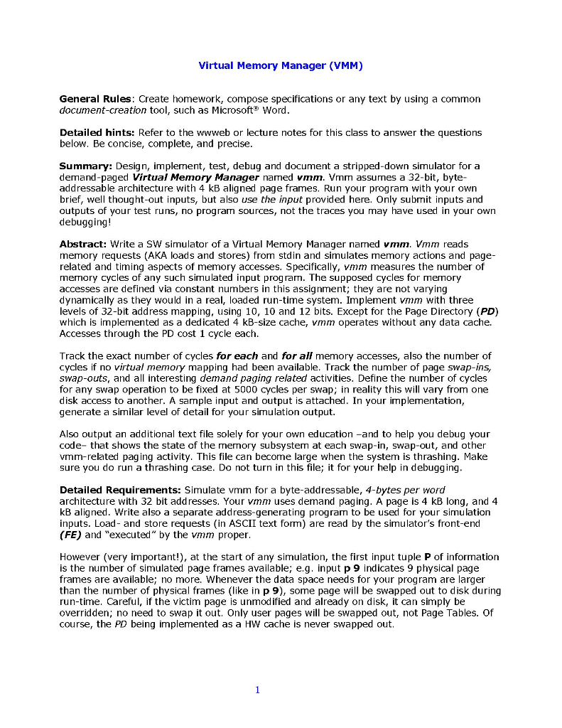 Virtual Memory Manager (VMM) General Rules: Create | Chegg.com