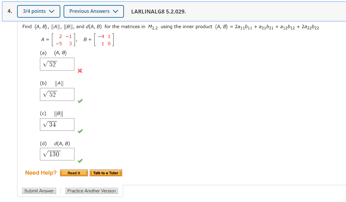 Solved 1/4 points v Previous Answers v LARLINALG8 5.2.039. | Chegg.com