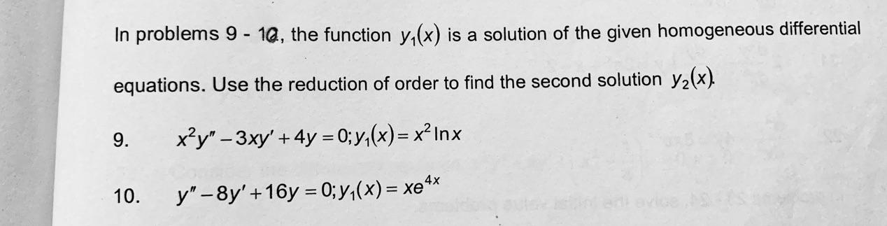 Solved In problems 9−10, the function y1(x) is a solution of | Chegg.com