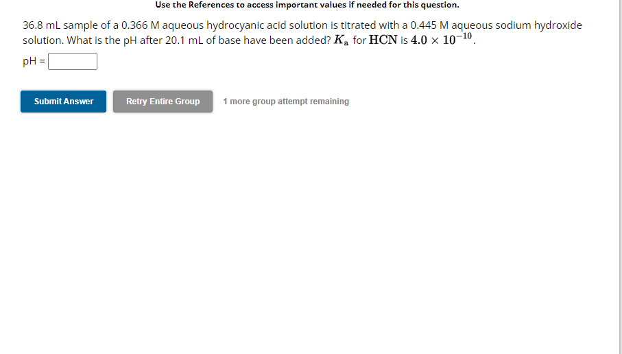Solved 36.8 mL sample of a 0.366M aqueous hydrocyanic acid | Chegg.com