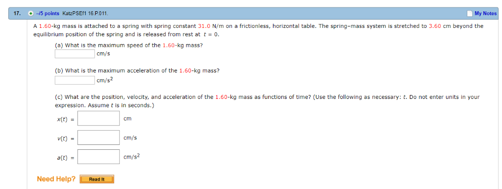 Solved 17. -15 points KatzPSEf1 16.P.011. My Notes A 1.60-kg | Chegg.com Solved 17. -15 points KatzPSEf1 16.P.011. My Notes A 1.60-kg | Chegg.com