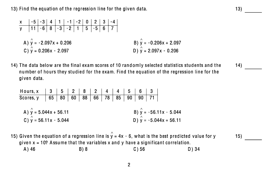 Solved 13) Find the equation of the regression line for the | Chegg.com
