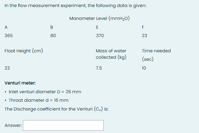 Solved In the flow measurement experiment, the following | Chegg.com