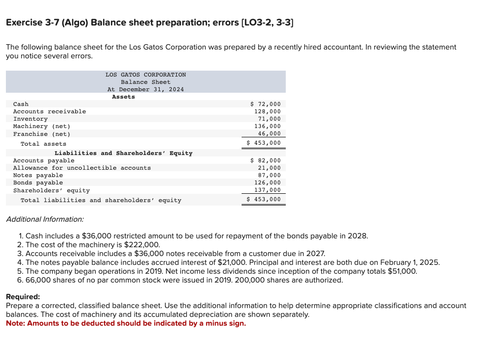 Solved Exercise 3-7 (Algo) Balance sheet preparation; errors | Chegg.com