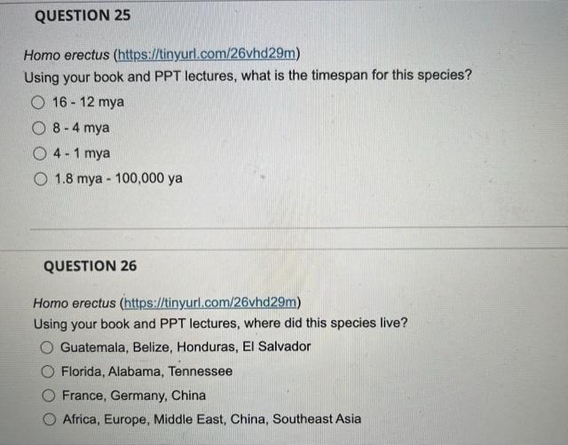 Homo erectus (https: //tinyurl.com/26vhd29m) Using | Chegg.com