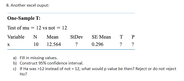 Solved 8. Another excel ouput: One-Sample T: Test of mu = 12 | Chegg.com