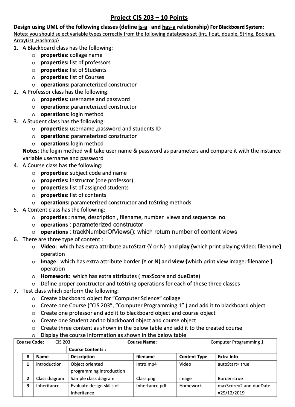 Solved Project CIS 203 - 10 Points Design using UML of the | Chegg.com