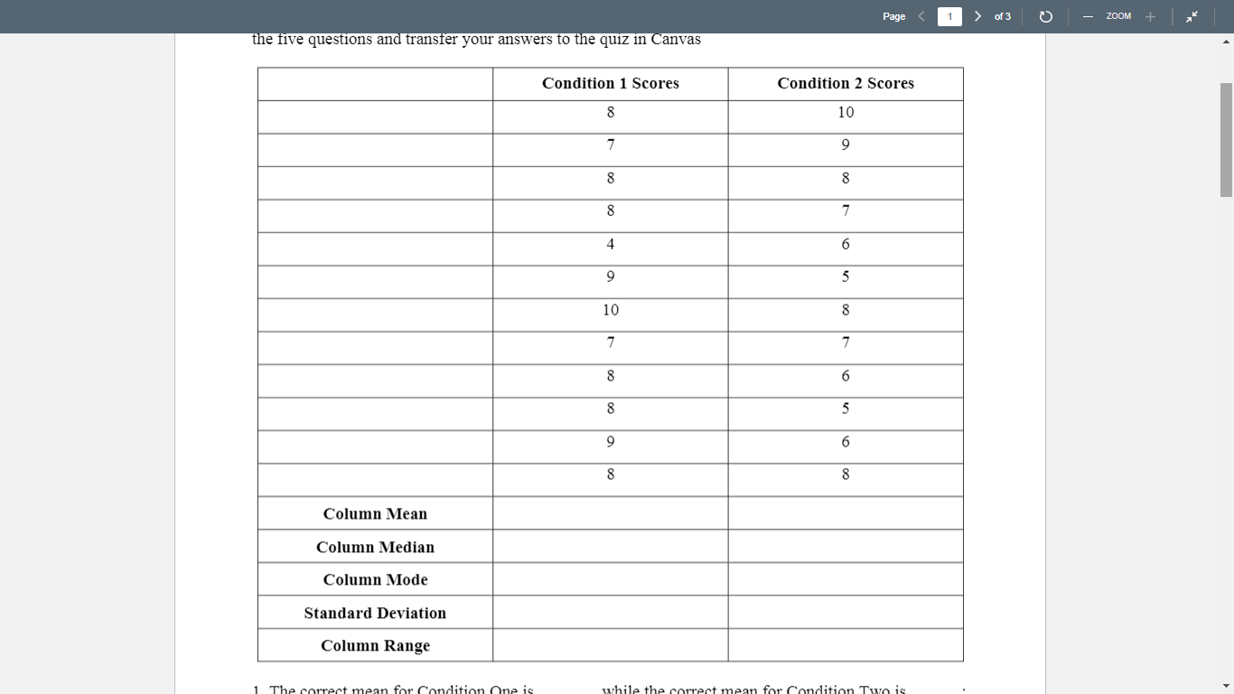 Solved 1. The correct mean for Condition One is _______ | Chegg.com