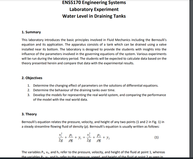 ENS5170 Engineering Systems Laboratory Experiment | Chegg.com