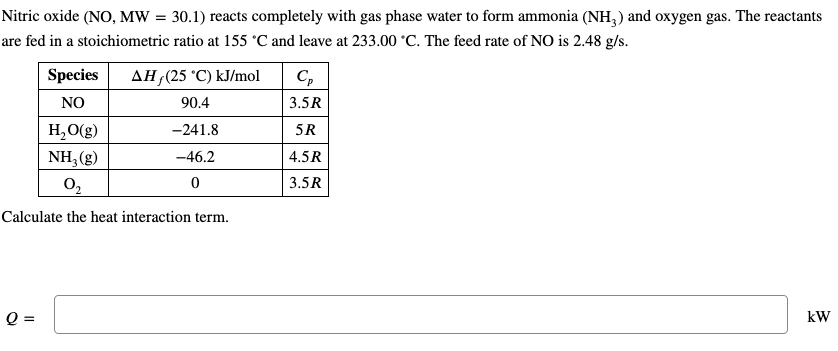 Solved Nitric oxide (NO,MW=30.1) ﻿reacts completely with gas | Chegg.com