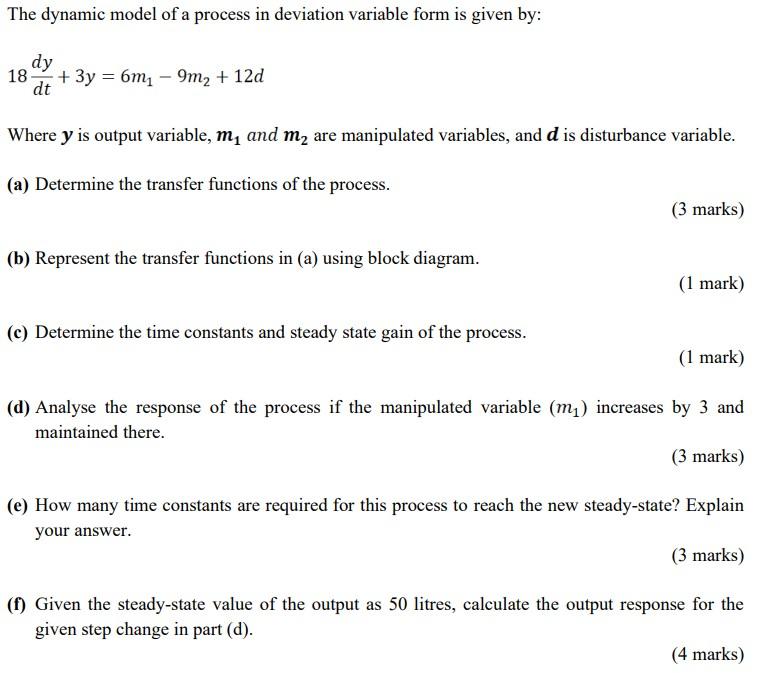 Solved The dynamic model of a process in deviation variable | Chegg.com