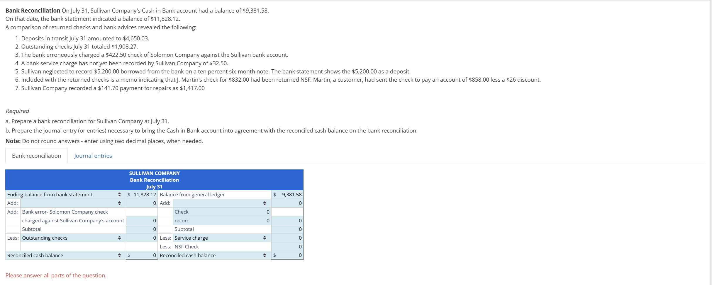 Solved Bank Reconciliation On July 31, Sullivan Company's | Chegg.com