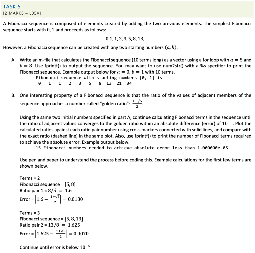 Solved TASK 5 [2 MARKS - L05V] A Fibonacci sequence is | Chegg.com