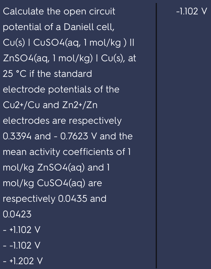 Solved Calculate the open circuit potential of a Daniell | Chegg.com